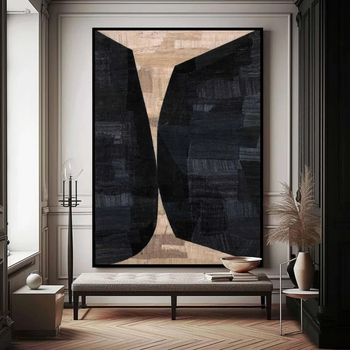 Geometric Abstract Painting Black and Beige Wall Art #AP 091
